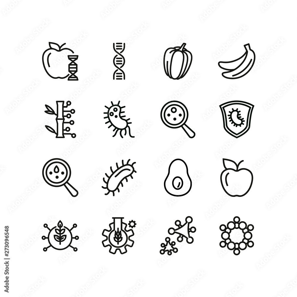 Food science line icon set. DNA molecule, bacteria, fruit, test tube ...
