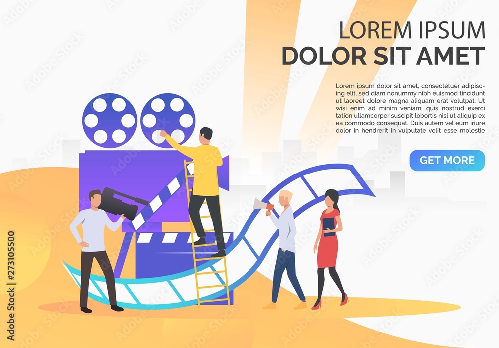 Camera crew making film presentation slide template. Camera, scenario ...