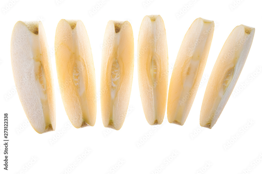 Yellow apple sliced (Chantecler, chanteclerc, Malus domestica). Variety ...