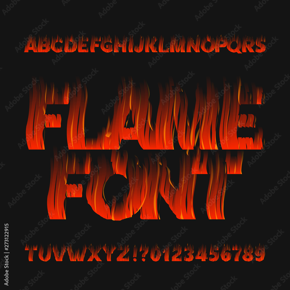 Flame alphabet font. Fire effect type letters and numbers on dark ...
