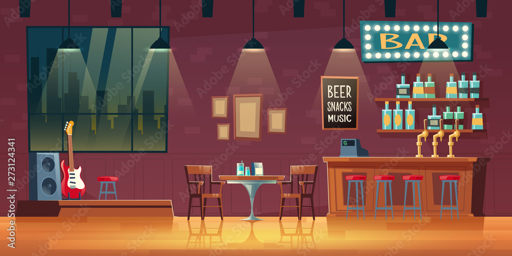 Vetor de Music bar, pub cartoon vector empty interior with illuminated ...