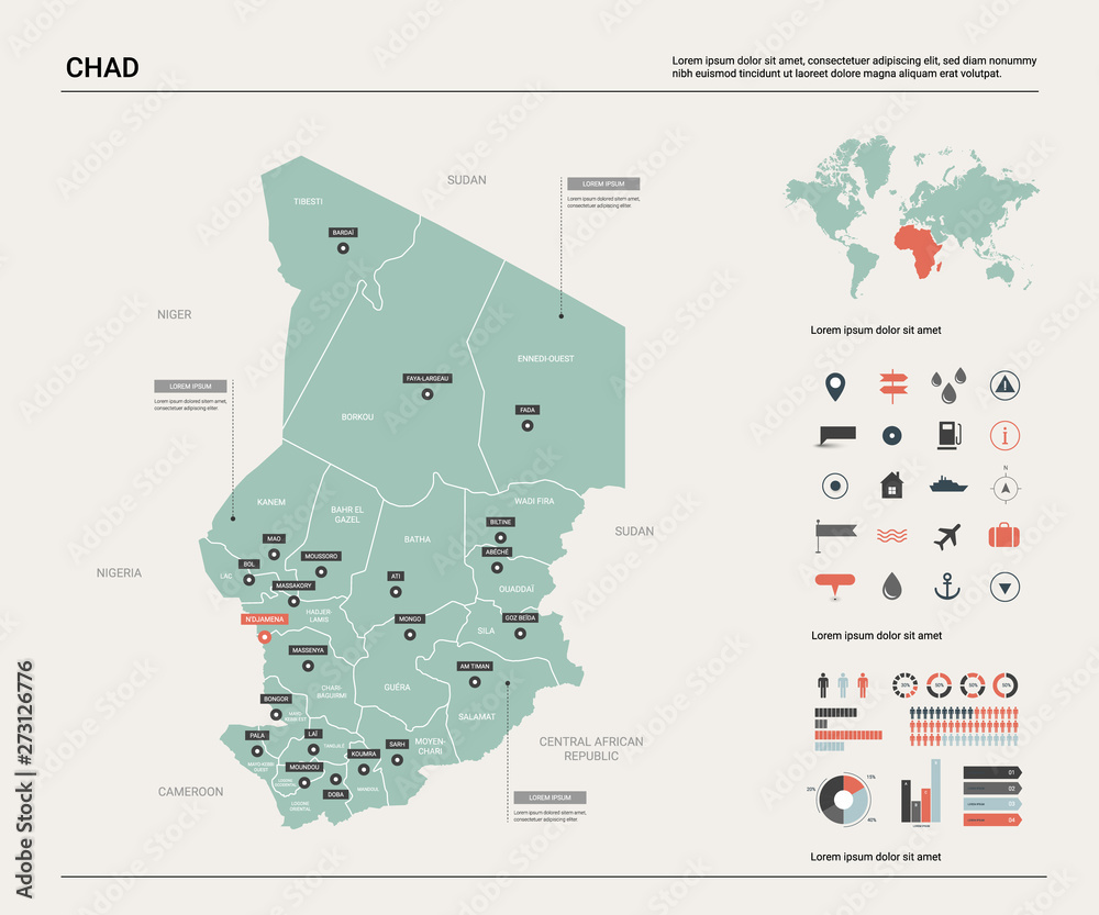 Vector map of Chad. Country map with division, cities and capital N ...