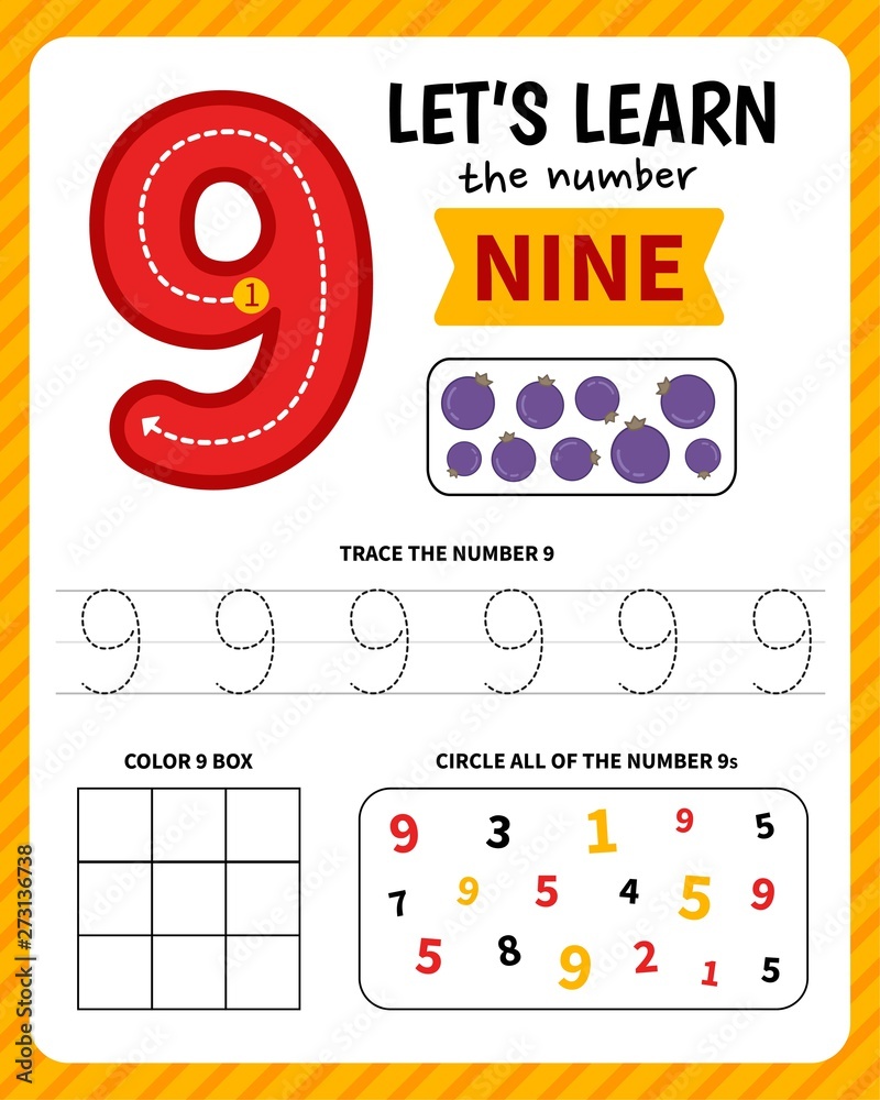 Kids learning material. Worksheet for learning numbers. Number 9. Stock ...