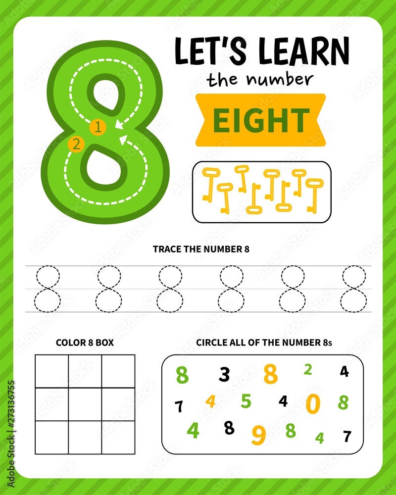 Kids learning material. Worksheet for learning numbers. Number 8. Stock ...