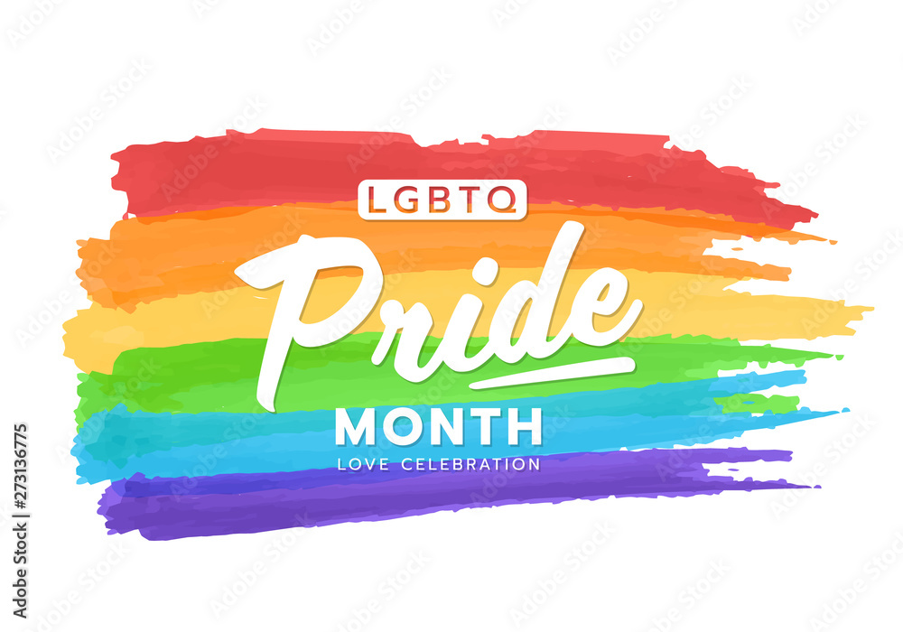 LGBTQ pride month banner text on colorful rainbow flag Paint brush style vector design Stock ...