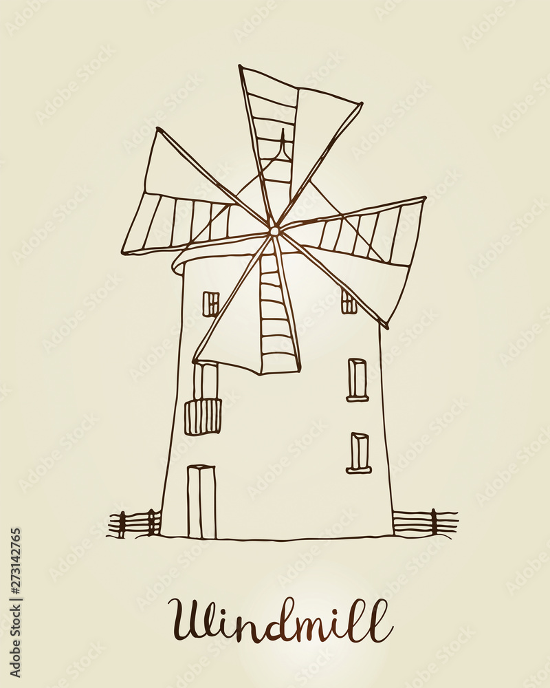 Windmill vector drawing, hand drawn sketch of mill isolated on beige ...