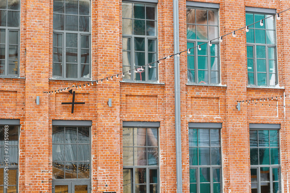 Red brick old retro vintage classic industria facade factory loft ...