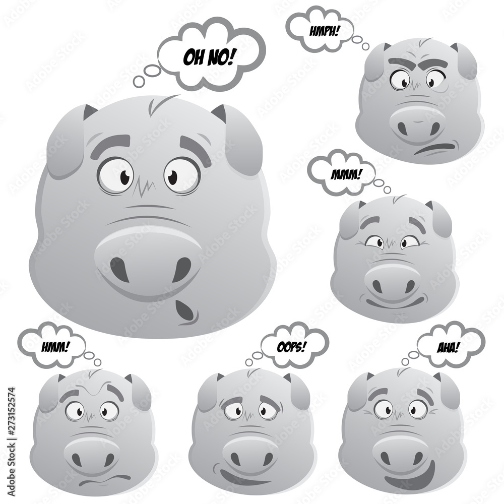 Vector cartoon pig emotions set. Black and white pictures Stock Vector ...