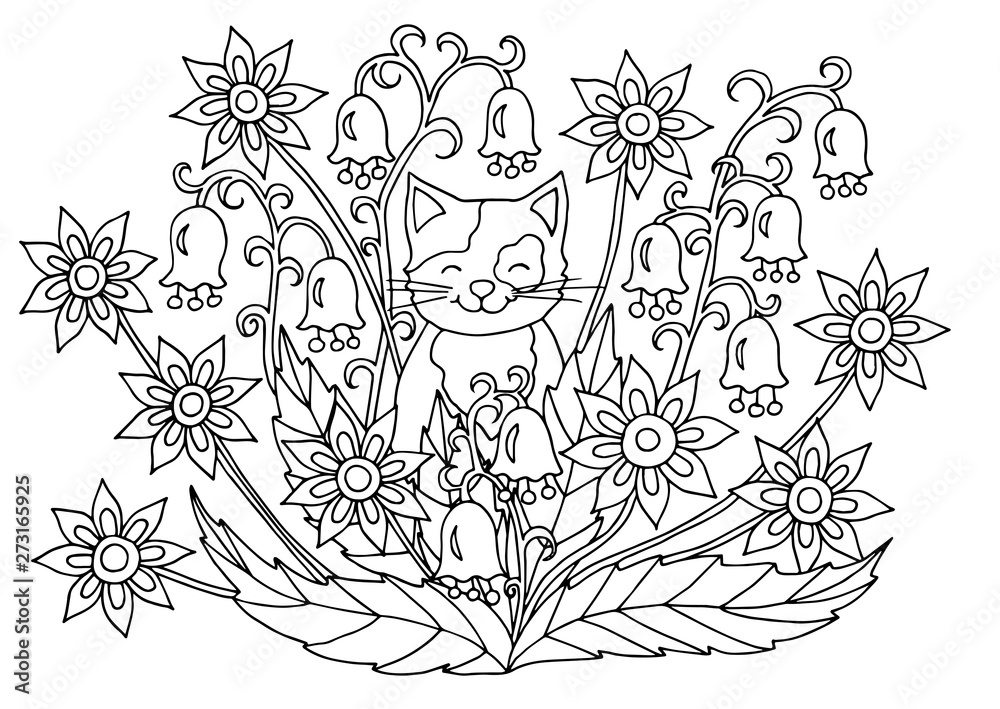 Coloring page with flowers and cat Stock Vector | Adobe Stock