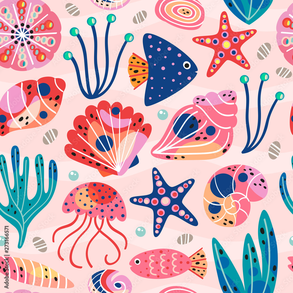 pink seamless pattern with beautiful underwater sea life - vector ...