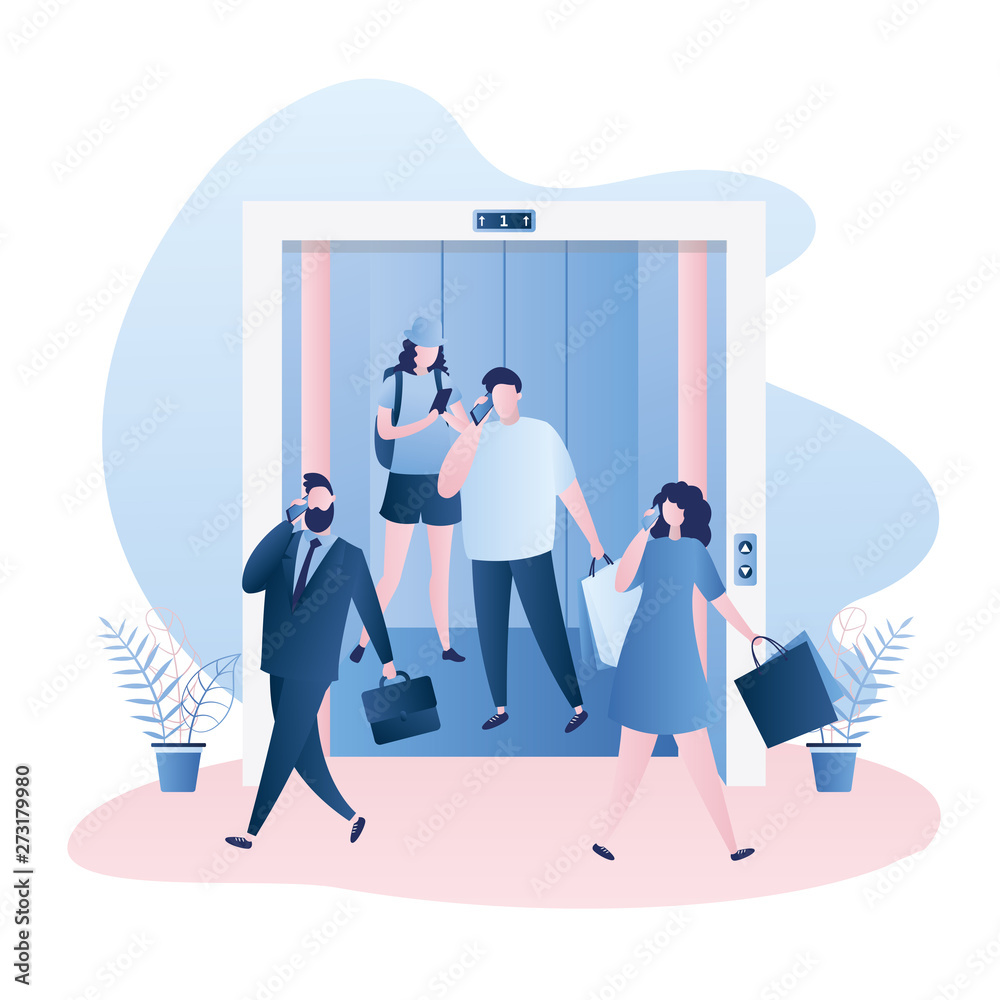 Elevator or lift with open doors,Different people in the elevator and ...