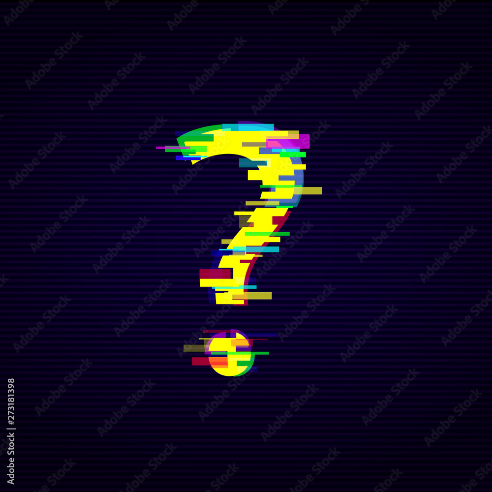 Distorted glitch effect and neon lights style exclamation mark vector ...
