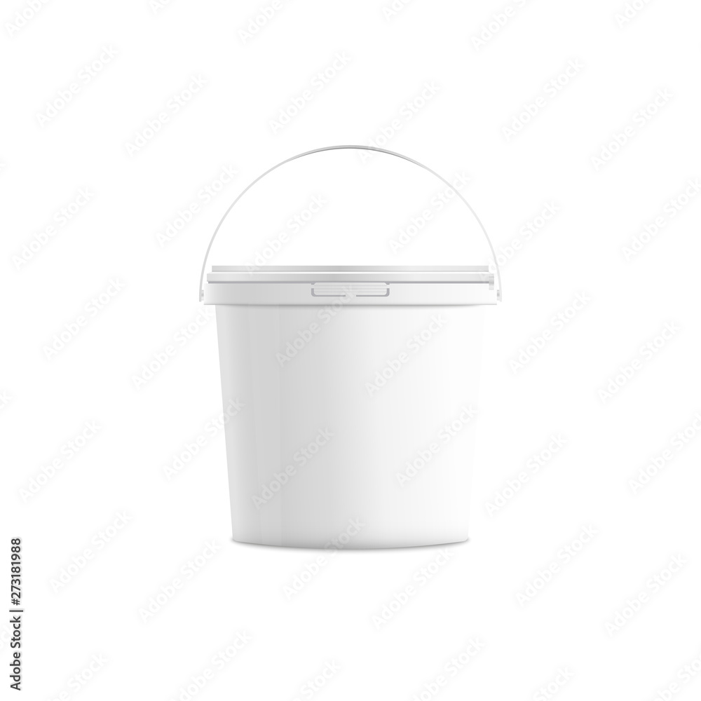 Mockup of blank white plastic bucket with handle up realistic style ...