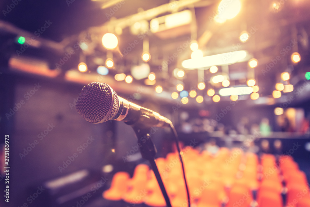 Empty event hall: Close up of microphone stand, empty seats in the ...