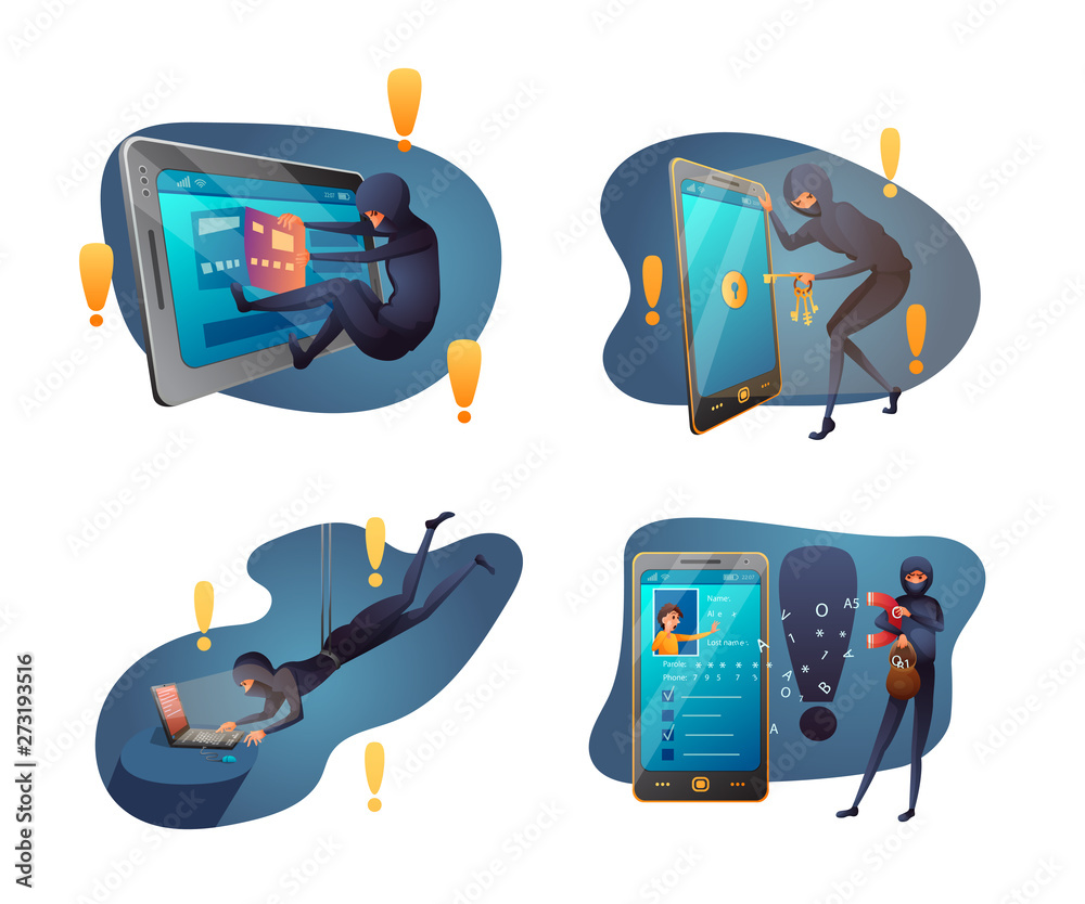 Hacking activity flat vector illustration pack isolated on white ...