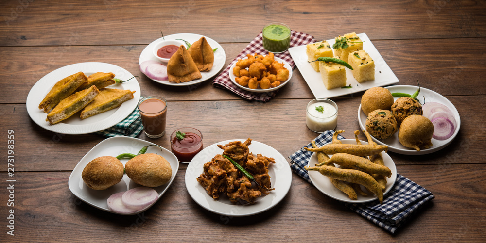 Indian Tea time snacks in group includes Veg Samosa, Kachori/kachaudi ...