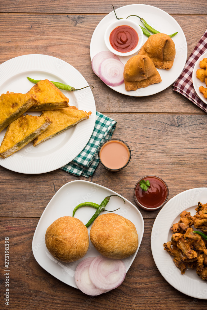 Indian Tea time snacks in group includes Veg Samosa, Kachori/kachaudi ...