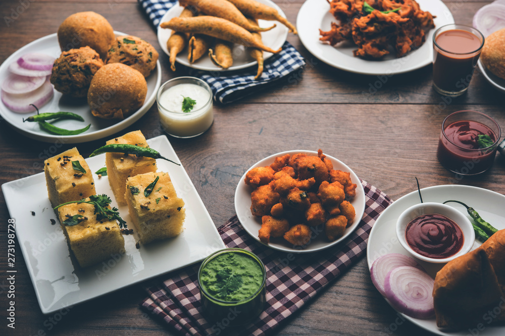 Indian Tea time snacks in group includes Veg Samosa, Kachori/kachaudi ...