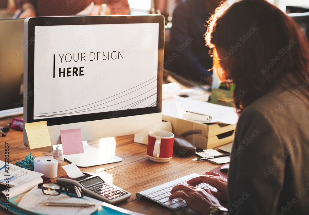 Business Person Working on Computer Mockup in Office Stock Template ...