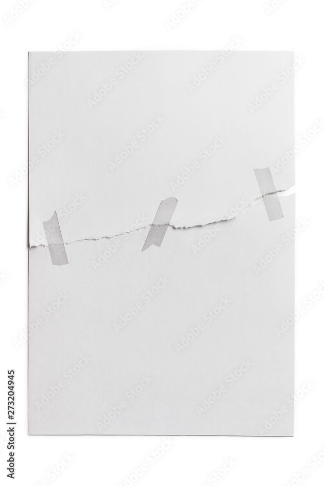 Sheet of paper, torn in half and glued with adhesive tape, isolated on ...