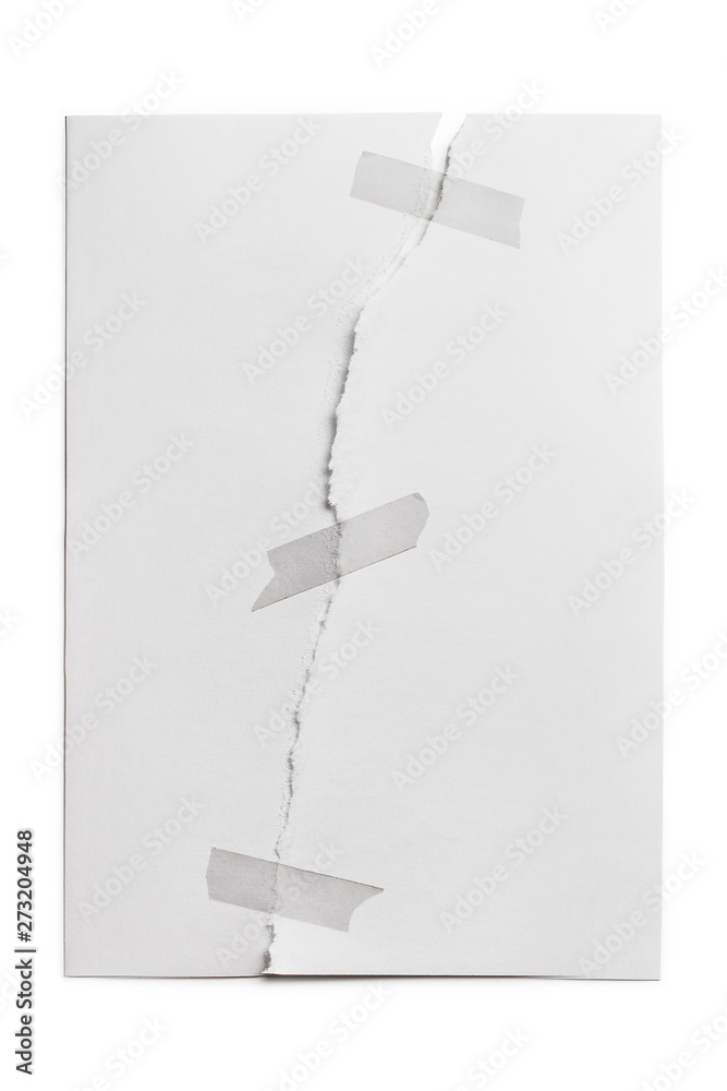 Sheet of paper, torn in half and glued with adhesive tape, isolated on ...