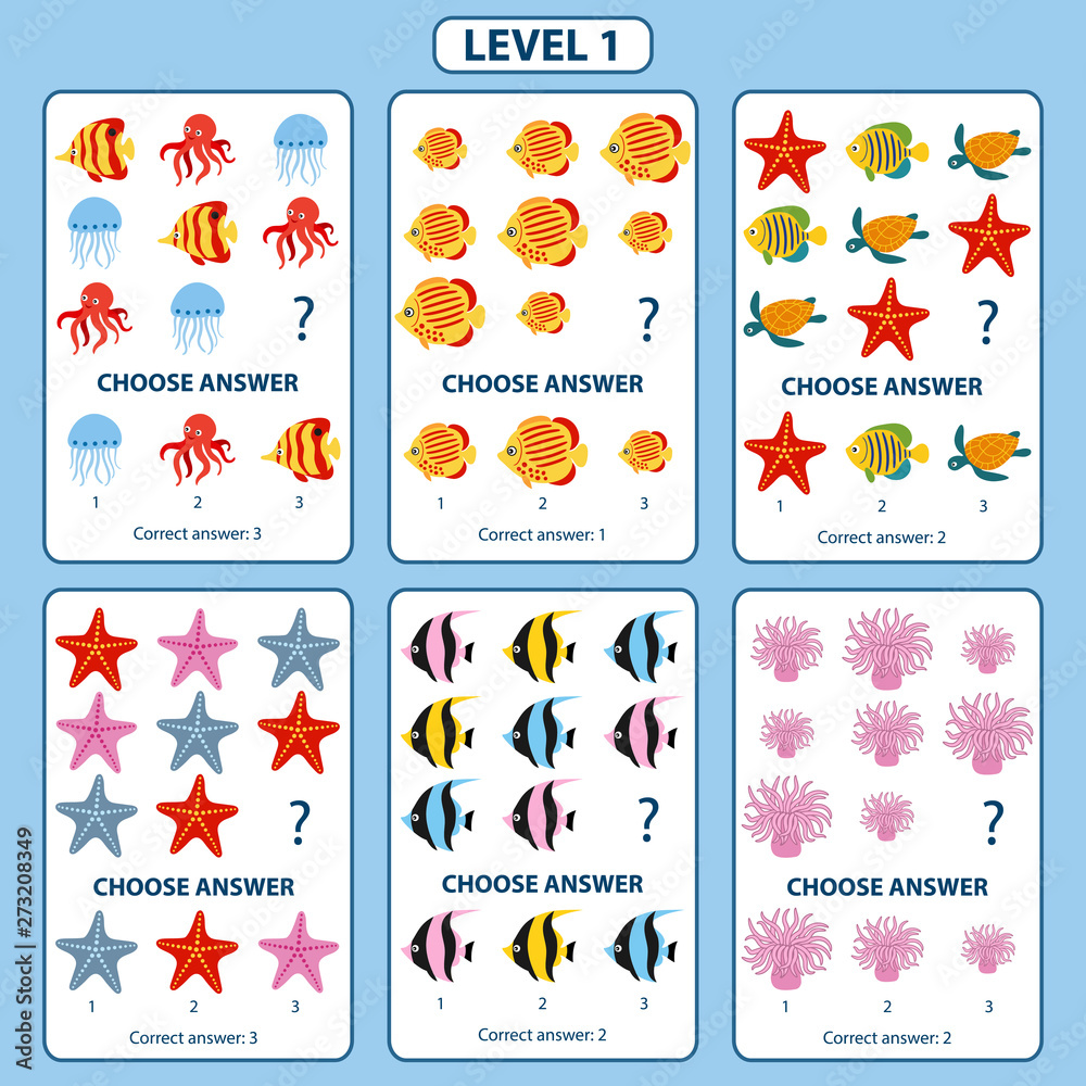 IQ test. Set of logical tasks for children on the sea animals and fish ...