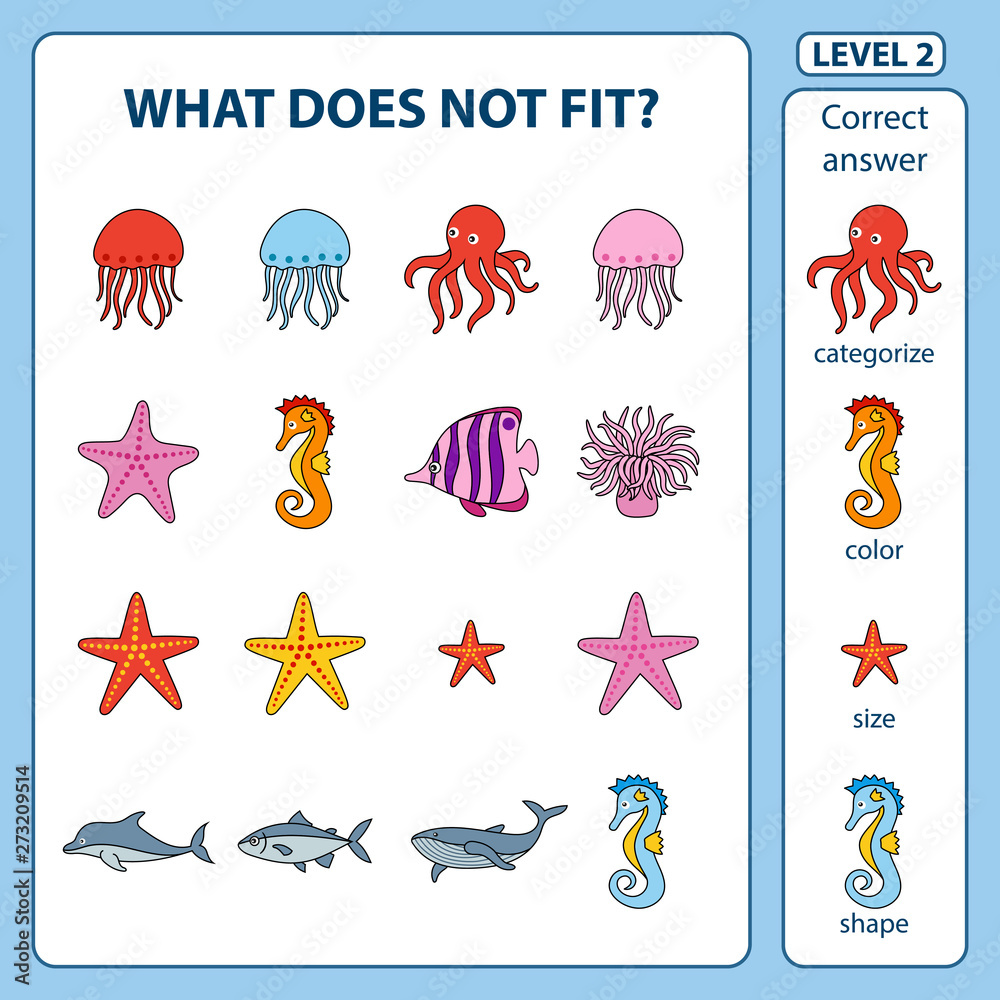 Set of logical tasks for children on the sea animals and fish theme ...
