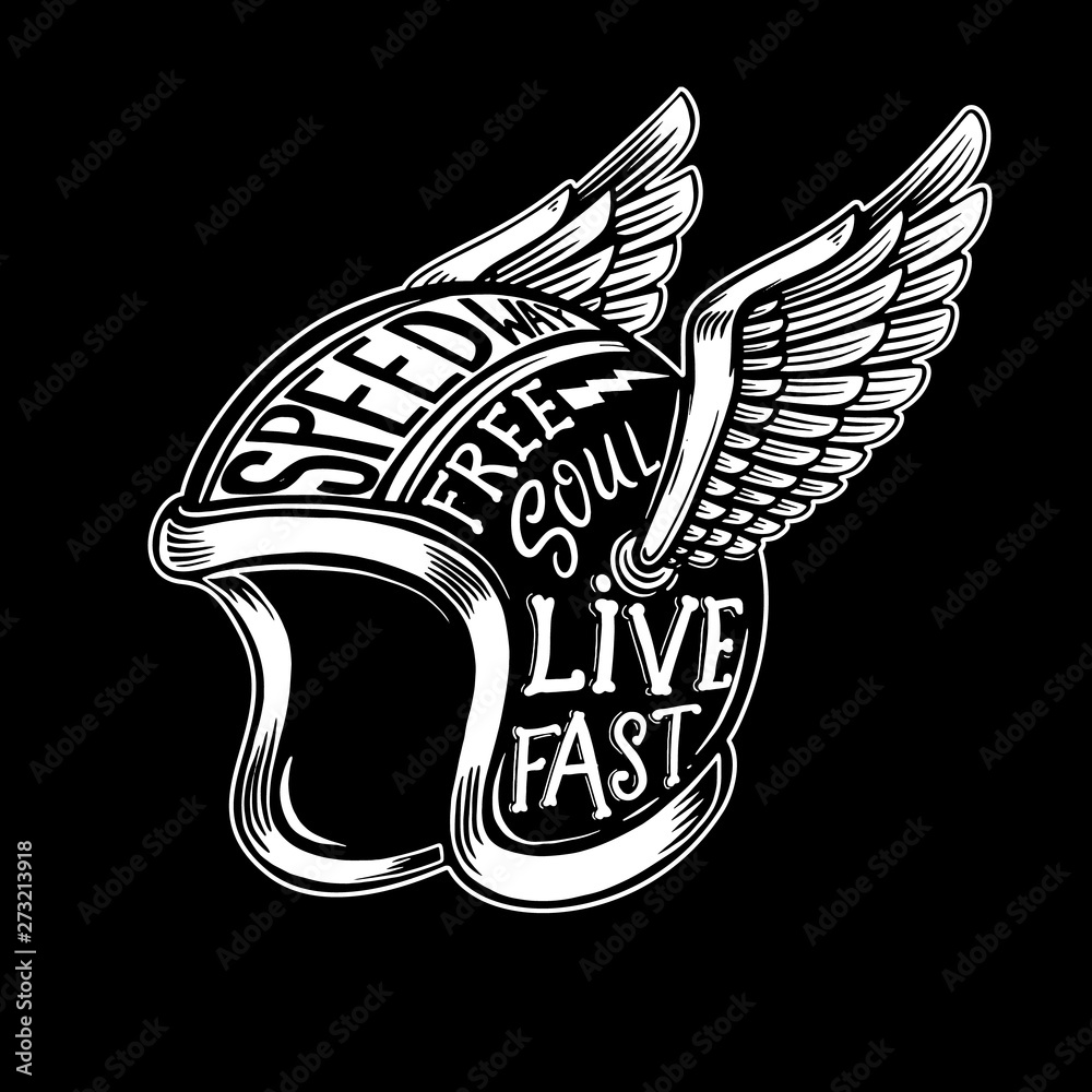 Winged motorcycle helmet with lettering on dark background. Design ...