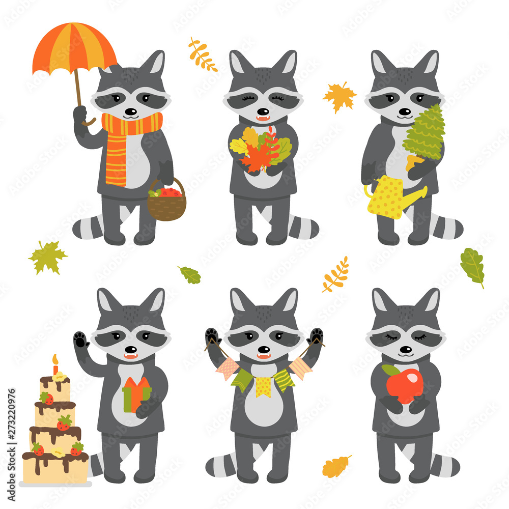 Set of cute raccoon characters isolated on white background. Collection ...