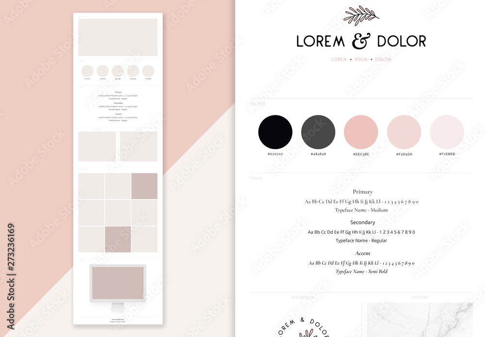 Brand Board Layout with Photo Placeholders and Desktop Computer Mockup ...