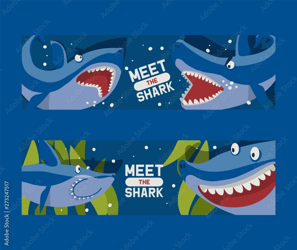 Meet big sharks set of banners vector illustration. Cartoon beautiful ...