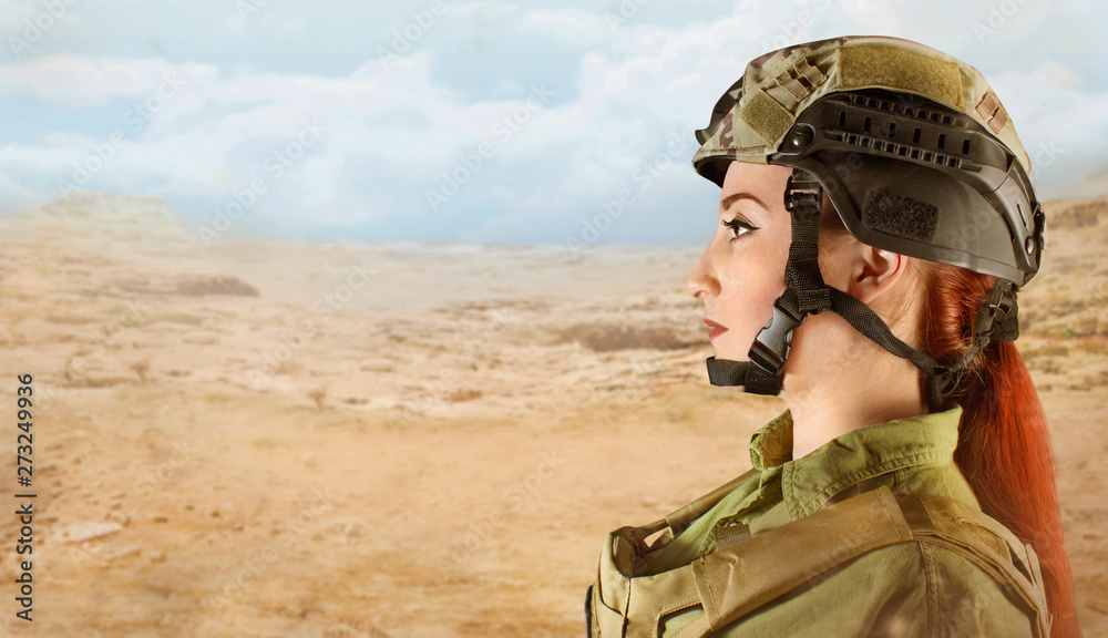 Side view portrait of young and beautiful military soldier woman with ...