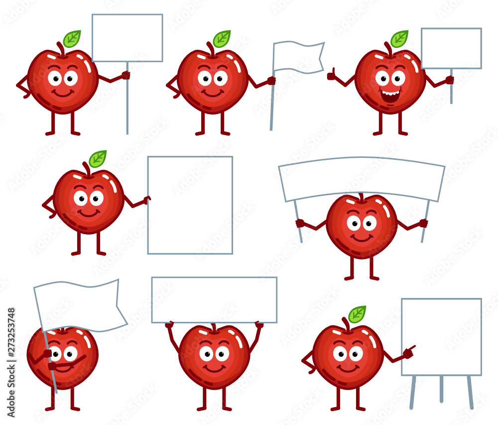 Set of cartoon red apple characters posing with different blank banners ...