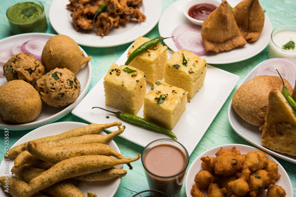 Indian Tea time snacks in group includes Veg Samosa, Kachori/kachaudi ...