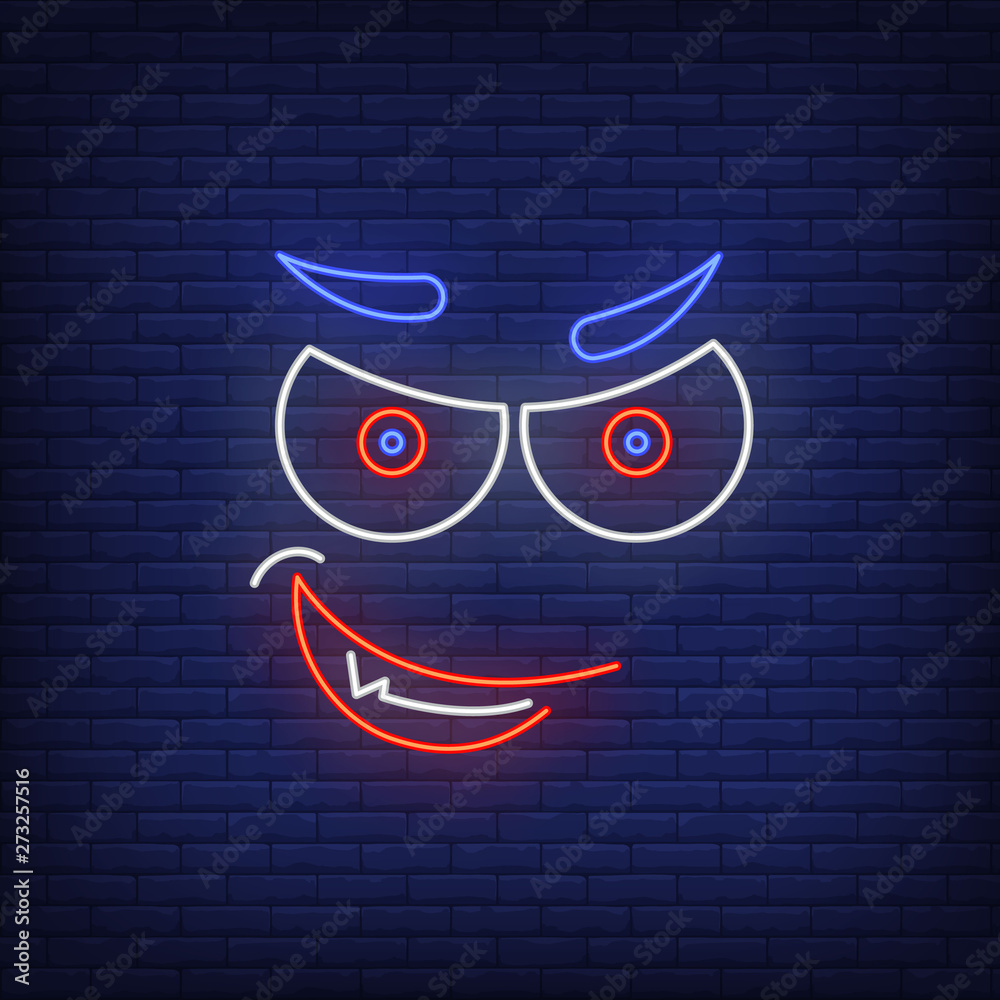 Sneaky emoticon neon sign. Face expression, evil, emotion design. Night ...