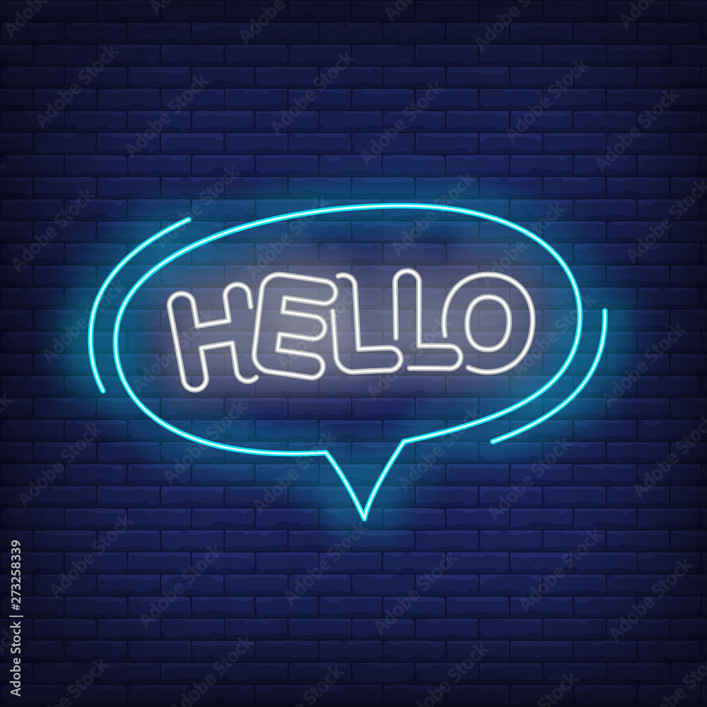 Hello neon lettering in speech bubble. Communication, conversation ...