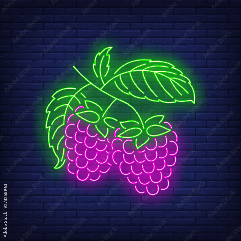 Raspberries neon sign. Food, fruit, berry, vitamin design. Night bright ...