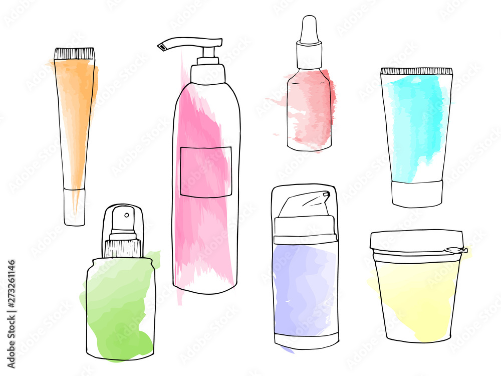 set of vector illustration of cosmetics jars. Set of sketch of abstract ...