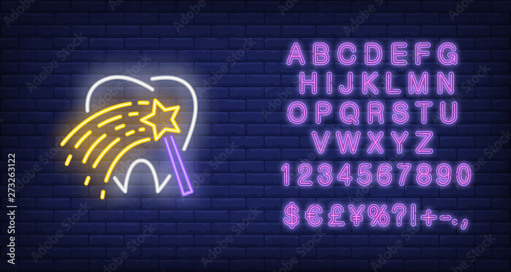 Tooth and magic wand neon sign. Stomatology and dental clinic ...