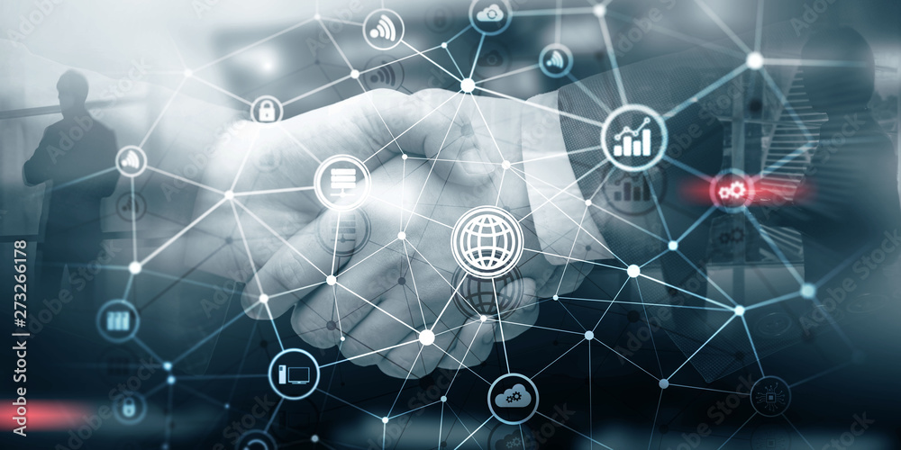 Wireless communication network. Diagrams with icons on abstract ...
