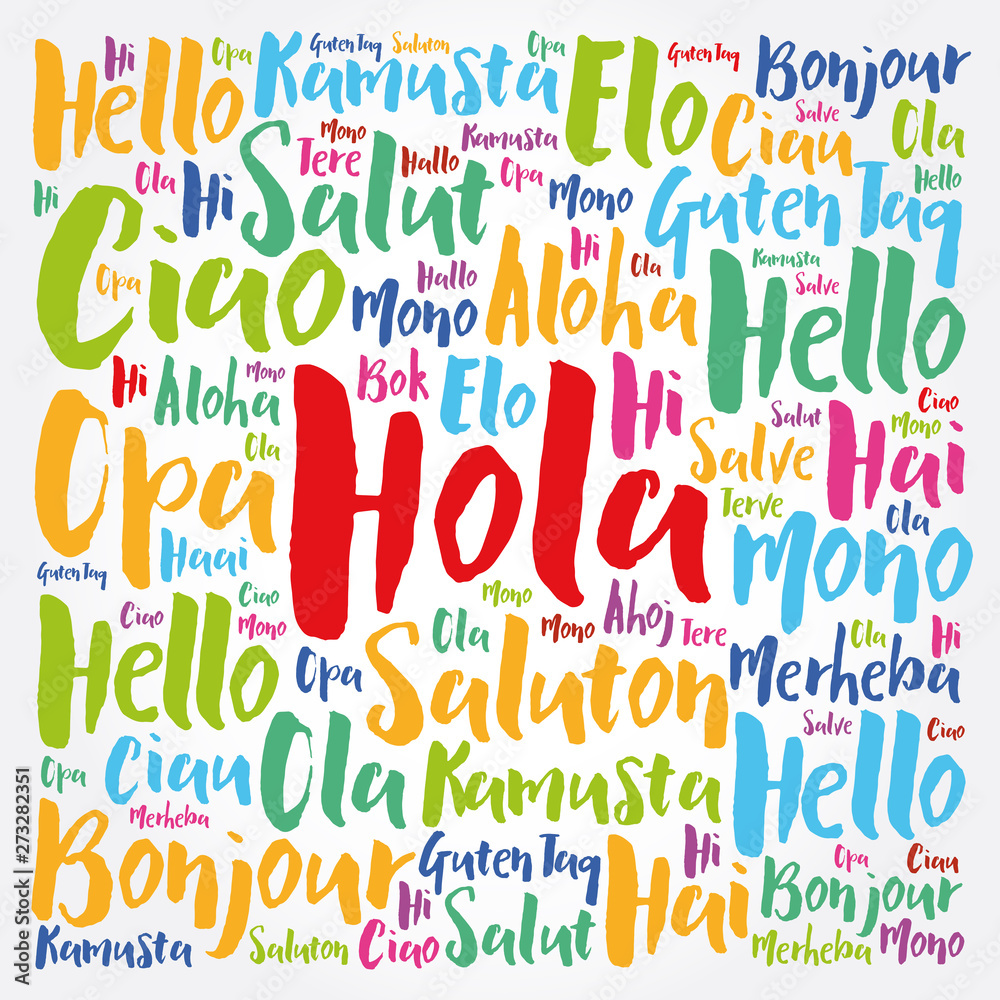 Hola (Hello Greeting in Spanish) word cloud in different languages of ...