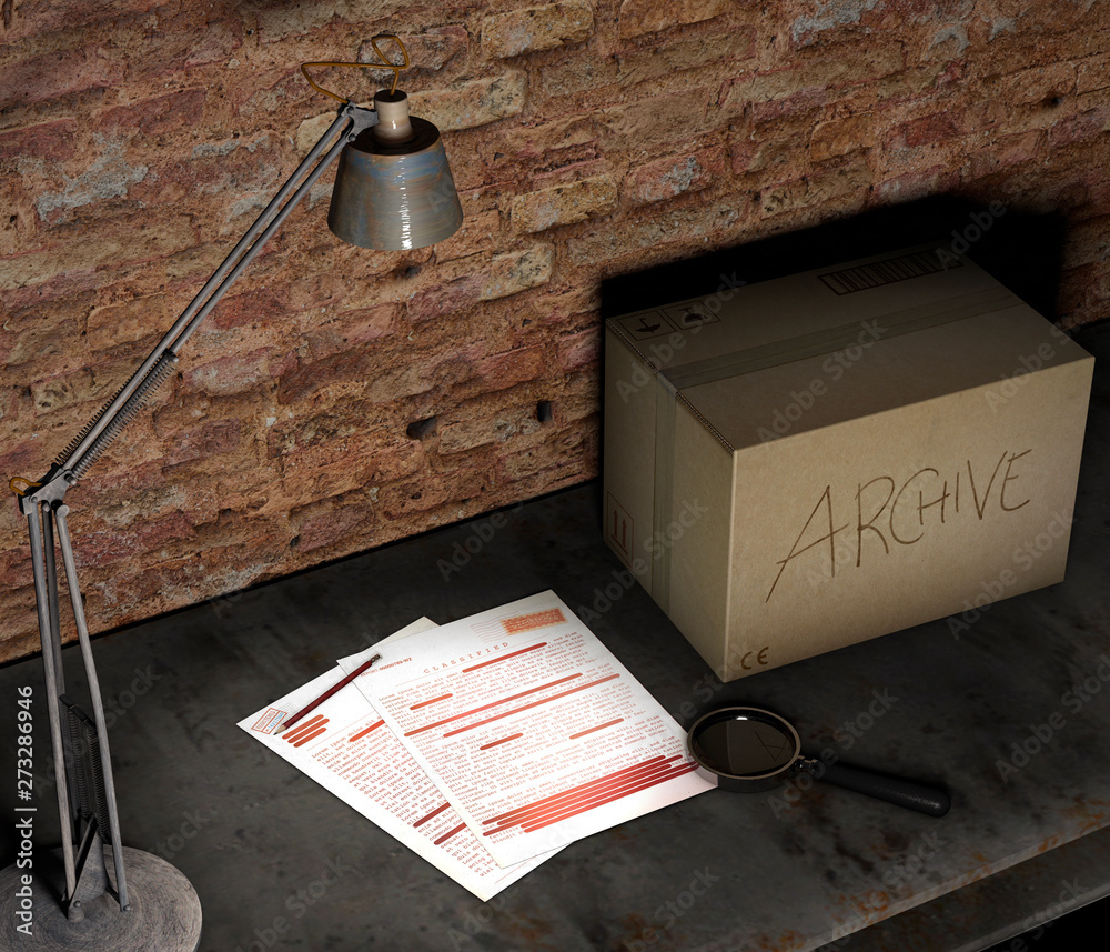 Basement table with boxes and top secret file. Table lamp, magnifying ...