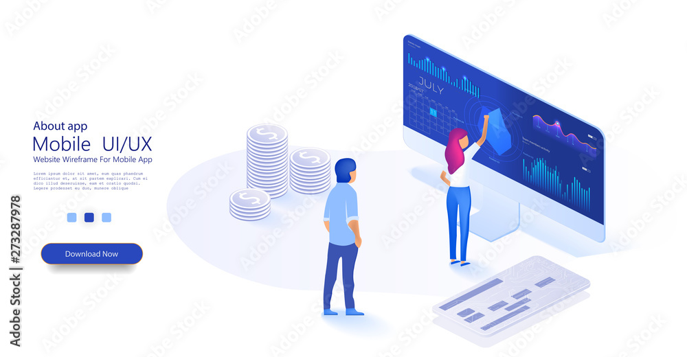 Data analysis concept with characters. PC with business graph and ...