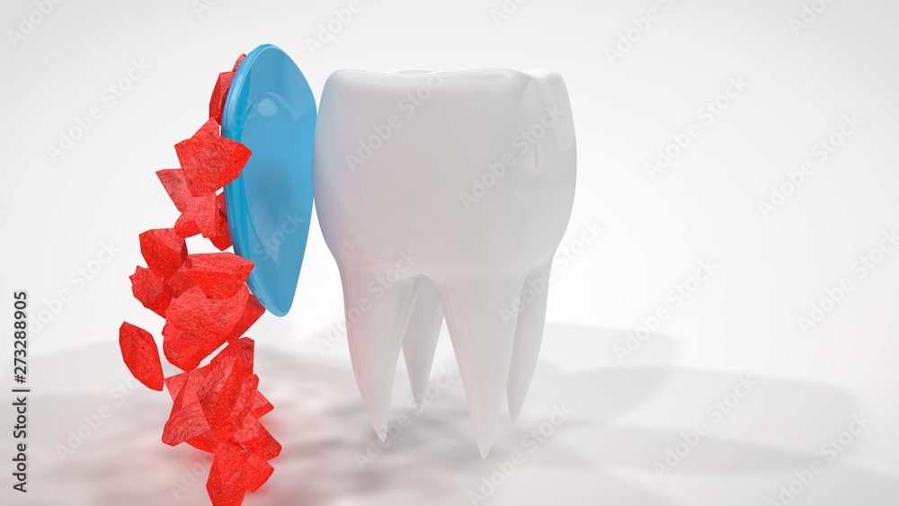 3D illustration of a human tooth hidden behind a shield a lot of broken ...