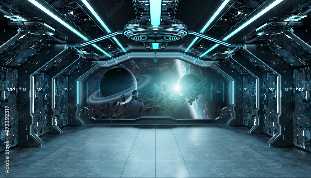 Dark blue spaceship futuristic interior with window view on space and ...
