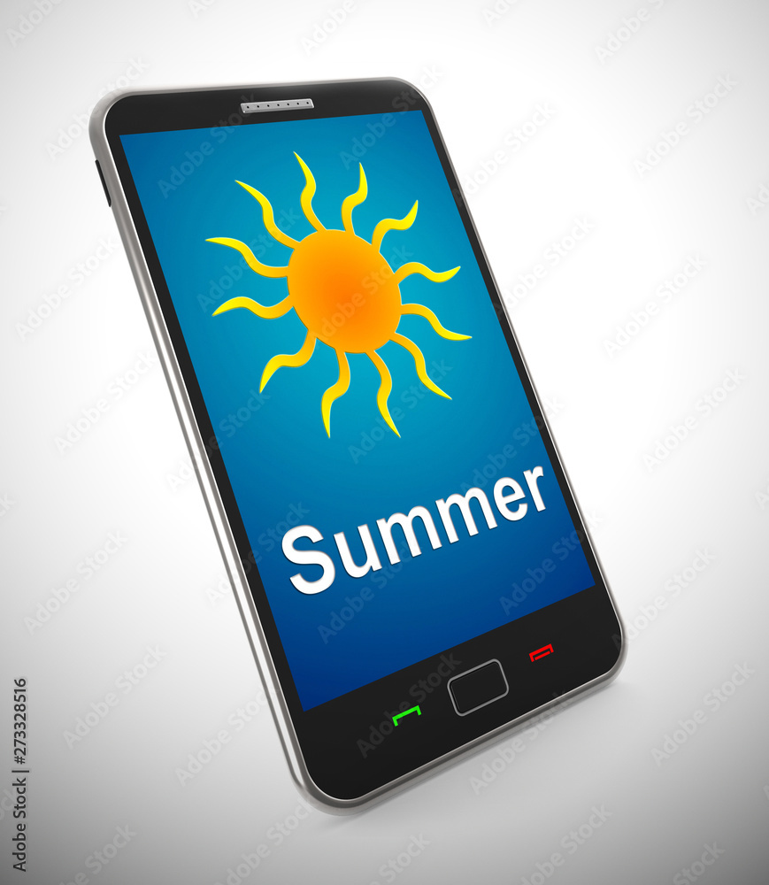 Summer weather on a mobile phone app shows heatwave - 3d illustration ...