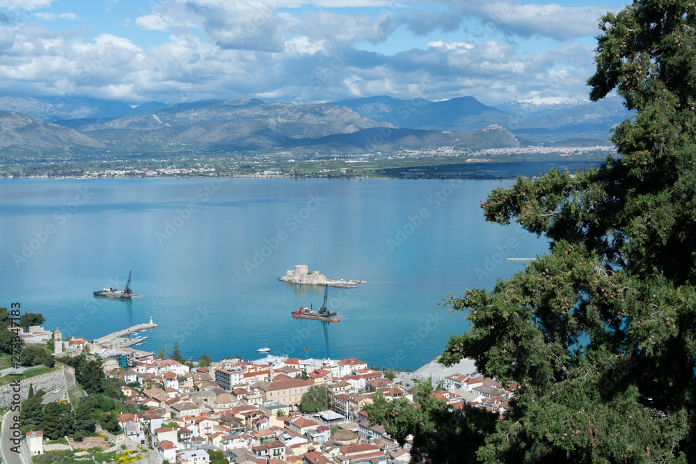 Landscape with view on Nafplio, seaport town in the Peloponnese in ...