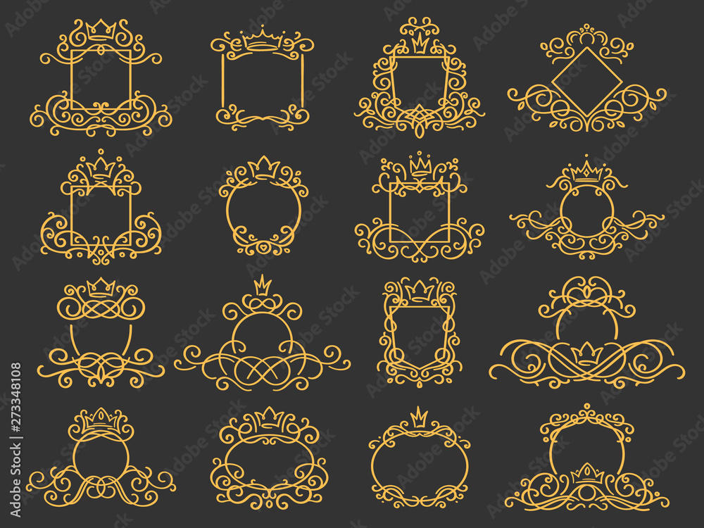 Royal monogram frame. Hand drawn crown emblem, vintage doodle sketch ...