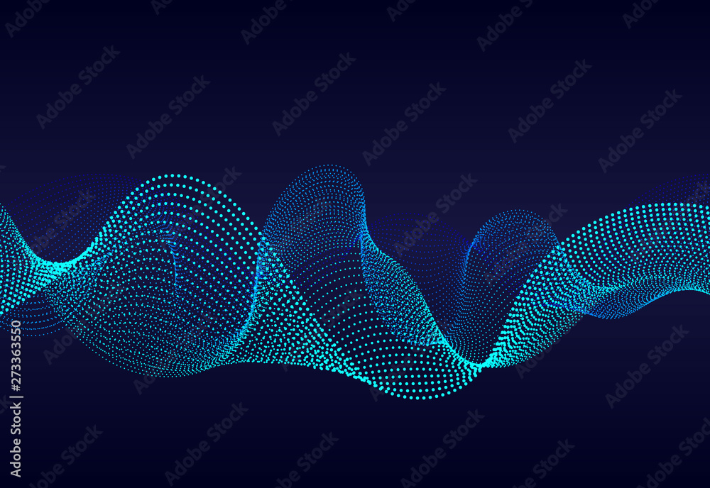 Abstract wavy particles surface on dark blue background. Soundwave of ...