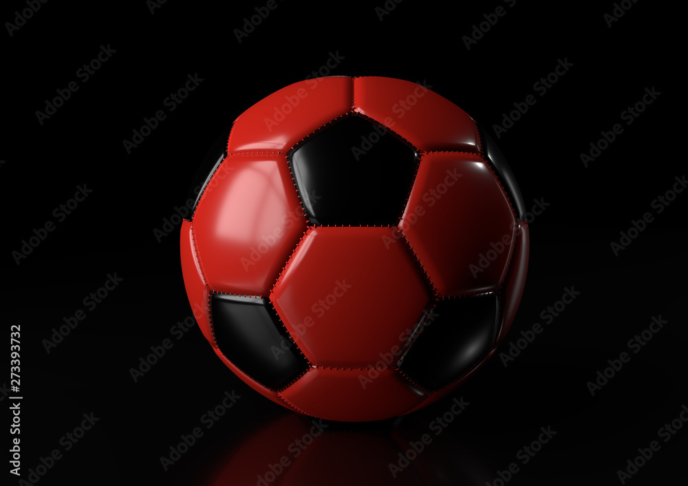 Classic red black soccer ball isolated on black background. 3d render ...